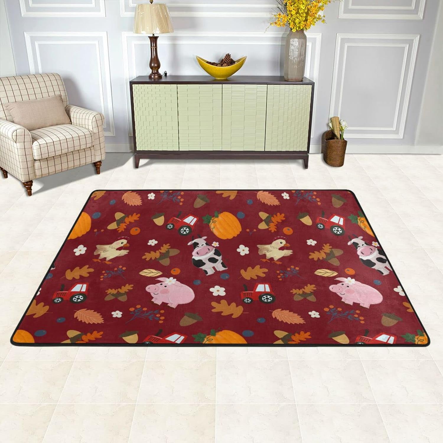 Dreamtimes Autumn Cow Pig Pumpkin Area Rug 72x48in Fall Farm Animals ...