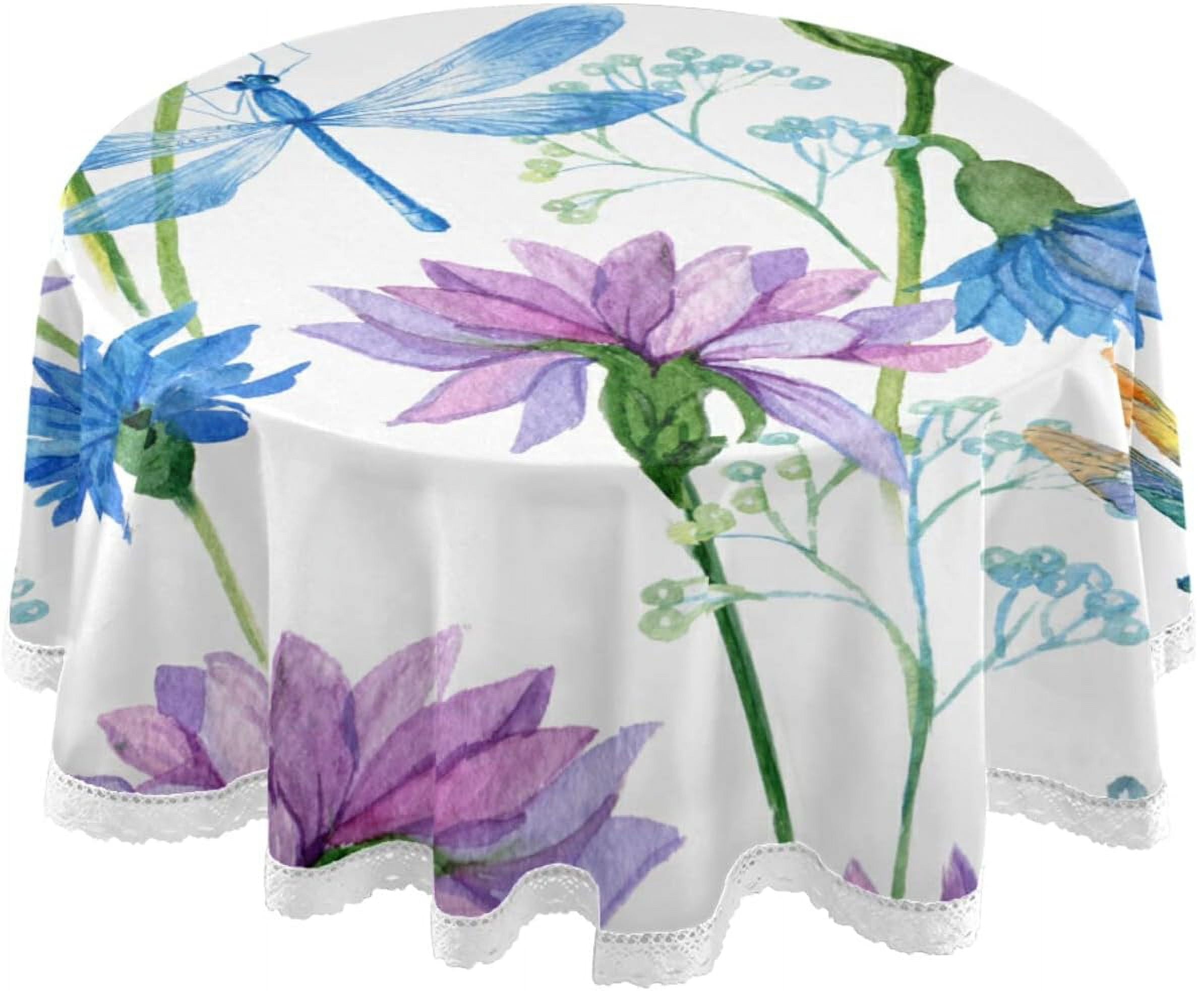 Dreamtimes Beautiful Flower and Blue Dragonfly Round Tablecloth 60 ...