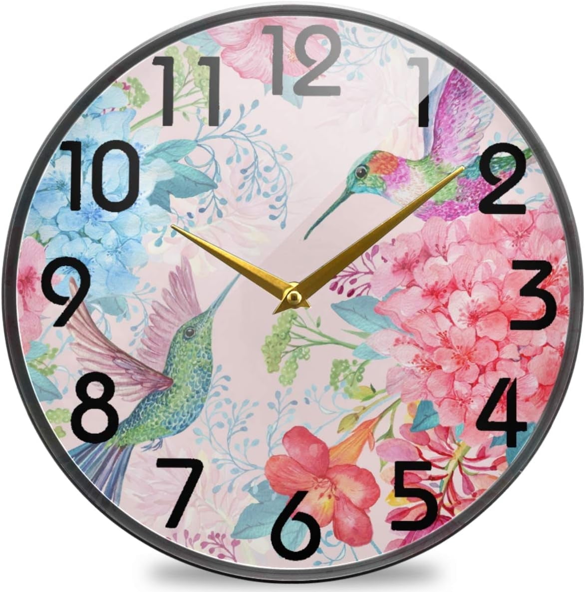 Dreamtimes Beautiful Spring Flowers Hummingbirds Print Round Wall Clock ...