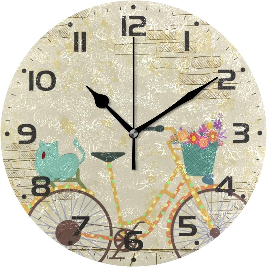 Dreamtimes Bicycle Cat Flower Wall Clock, 10 Inch Silent Non Ticking ...