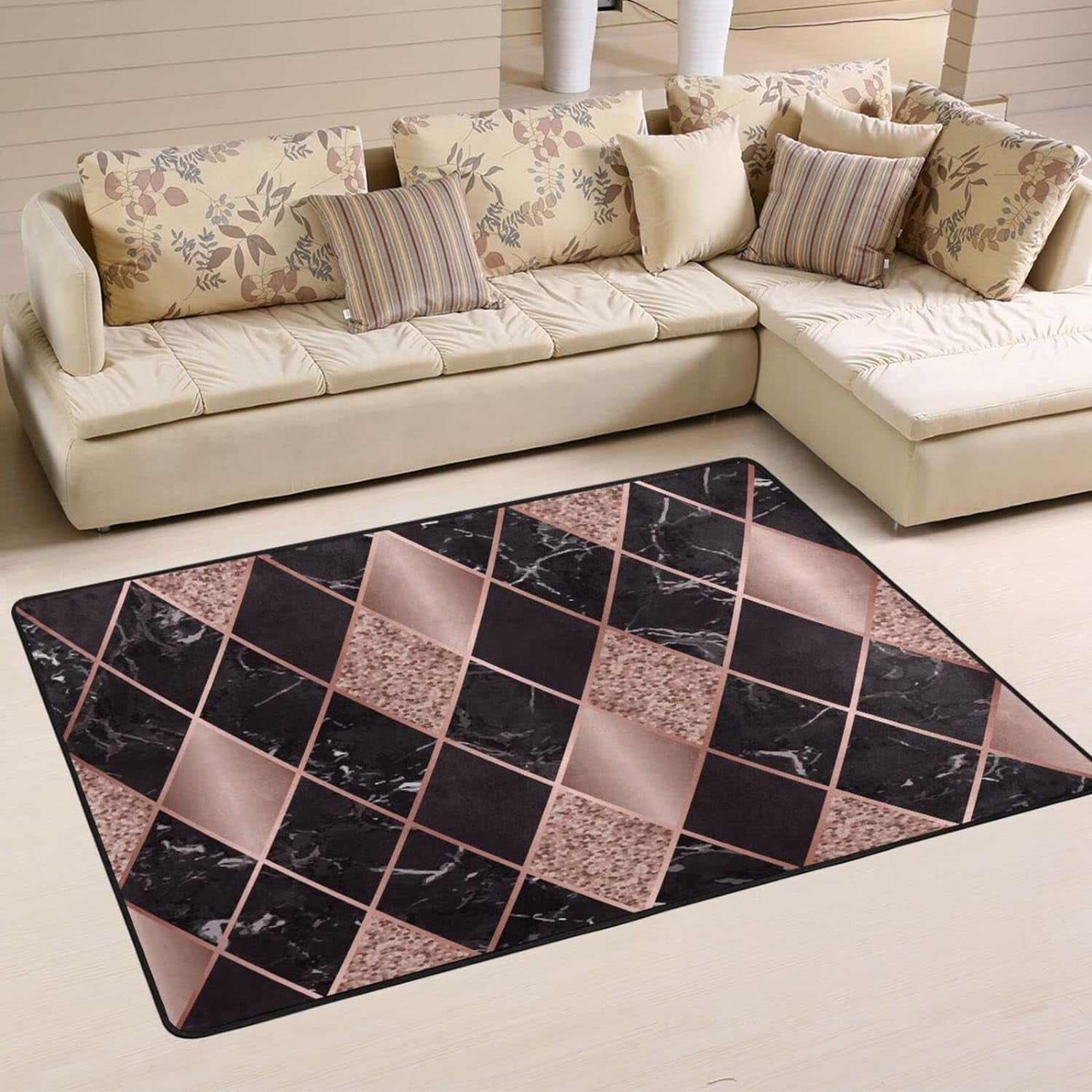 Dreamtimes Black Pink Check Non-Slip Area Rug Abstract Marble Floor ...