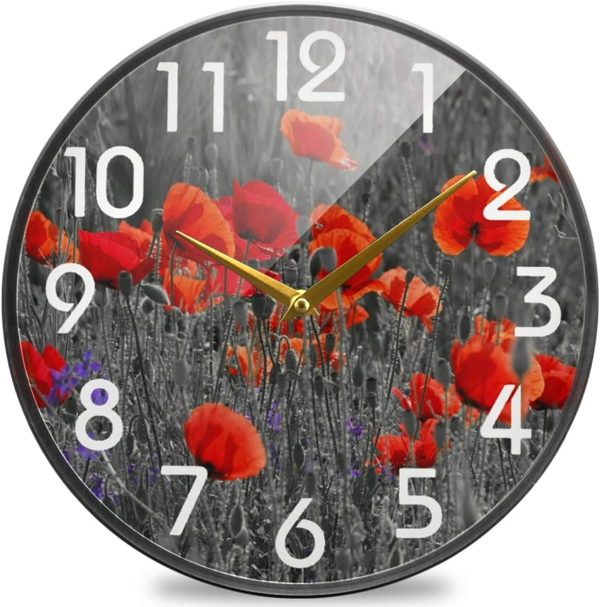 Dreamtimes Black and White Red Poppy Field Meadow Round Wall Clock, 12 ...