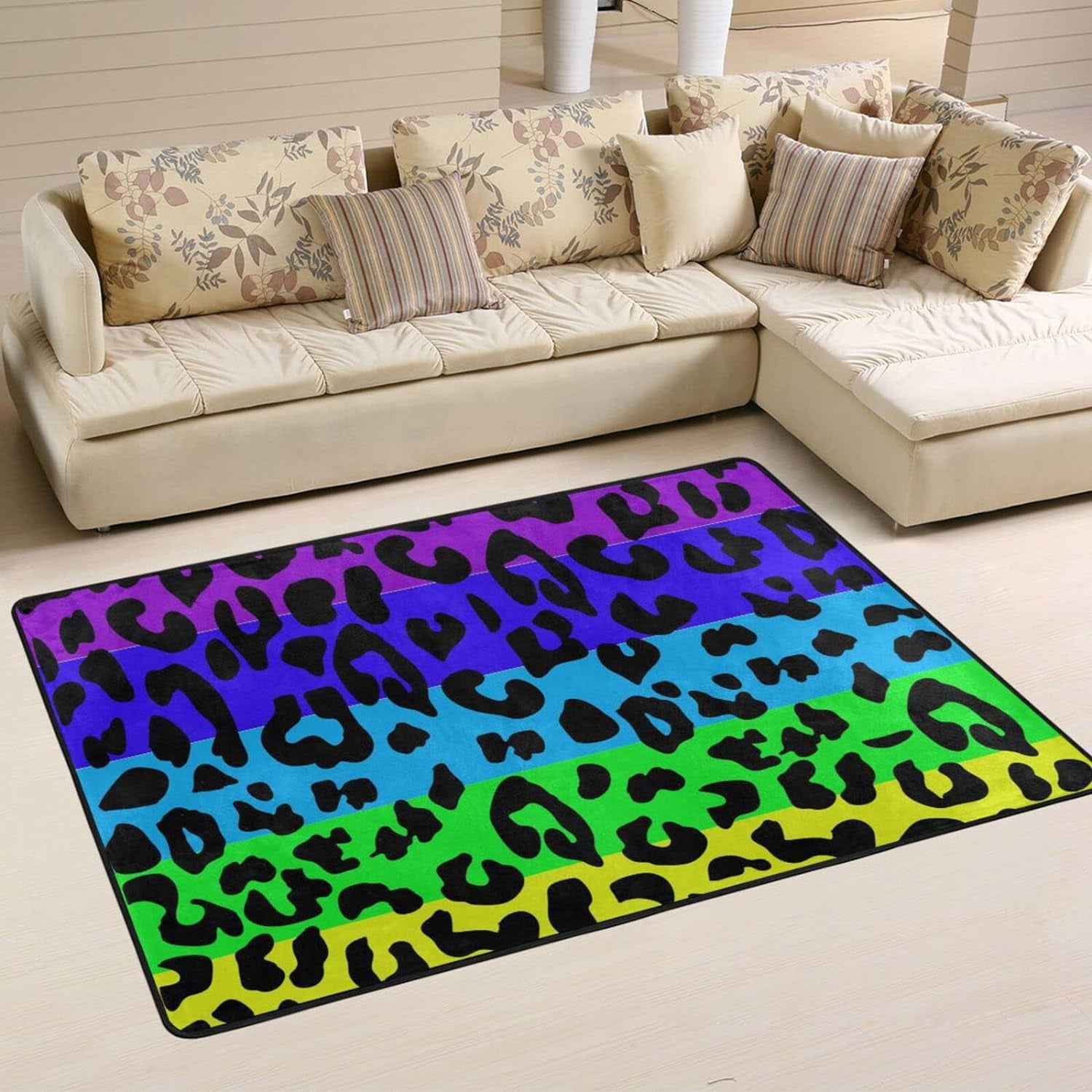 Dreamtimes Black Yellow Leopard Area Rug 72x48in Colorful Rainbow ...
