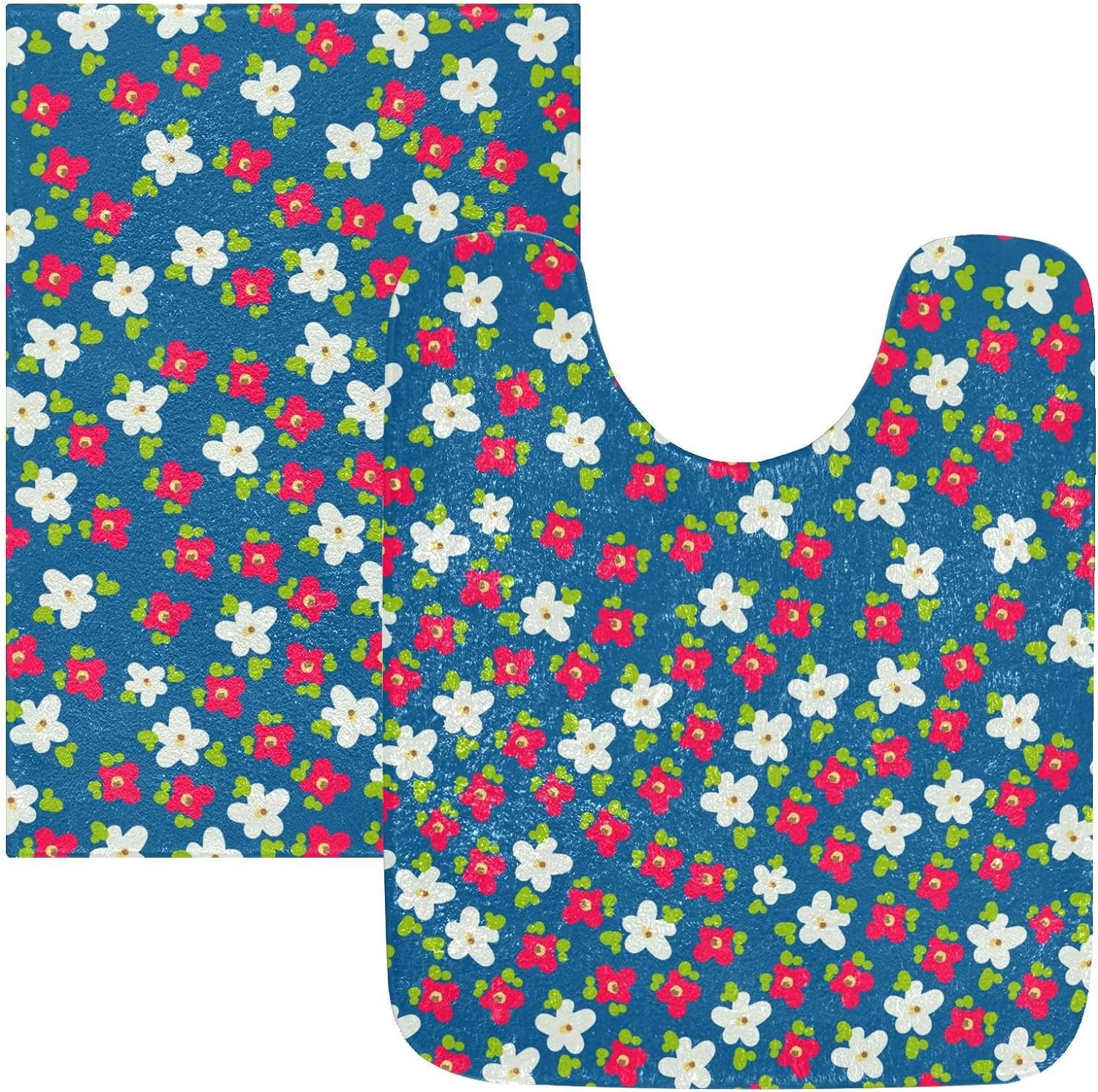 Dreamtimes Bohemian Floral Navy Wildflowers Bathroom Rug Set 2PCS Ultra ...