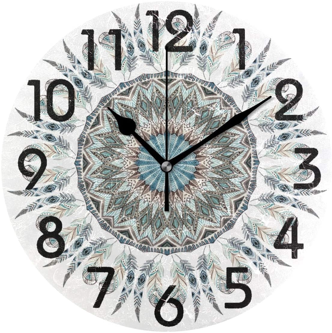 Dreamtimes Boho Ethnic Mandala with Feathers Pattern Round Wall Clock ...