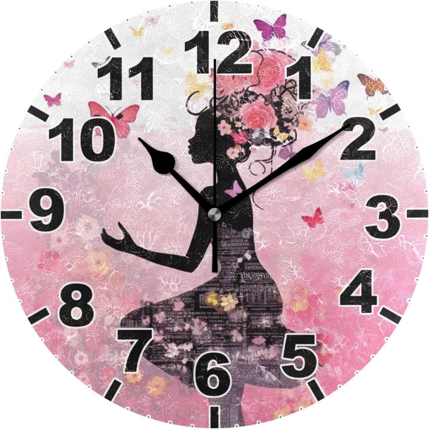 Dreamtimes Butterfly Girl Round Wall Clock, Battery Operated Silent Non ...