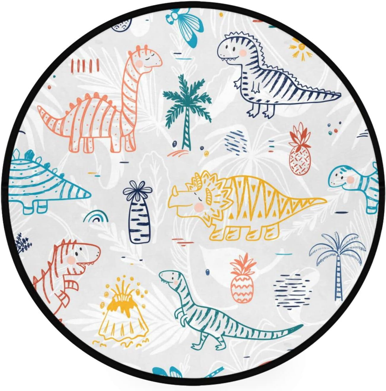 Dreamtimes Childish Doodle Striped Cute Dinosaurs Round Area Rug 3Ft ...