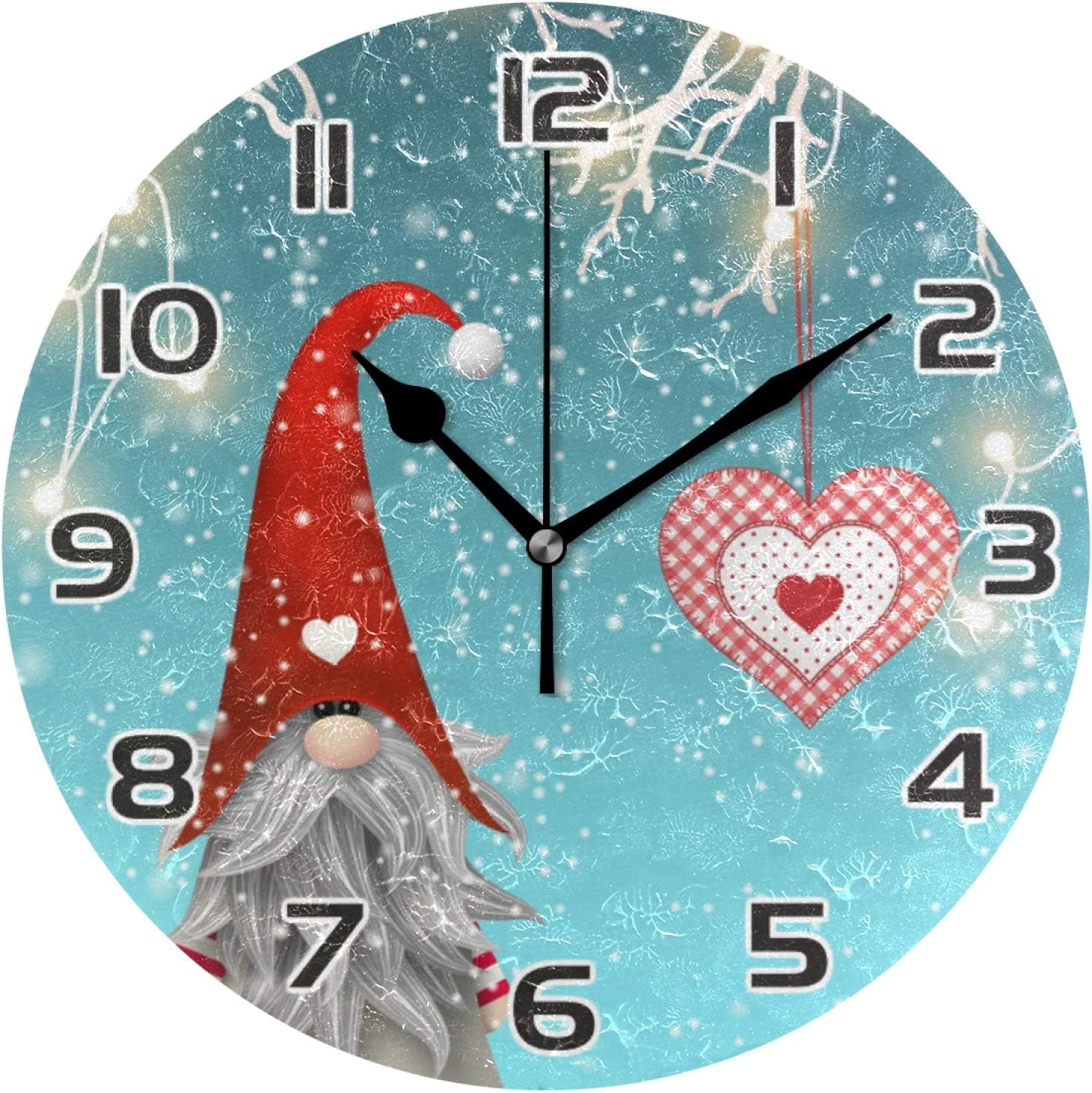 Dreamtimes Christmas Gnome Clock Silent Round Wall Clock Non Ticking ...