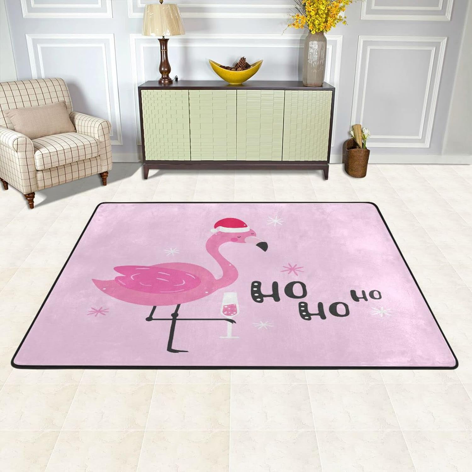 Dreamtimes Christmas Pink Flamingo Non-Slip Area Rug Xmas Ho Ho Ho ...