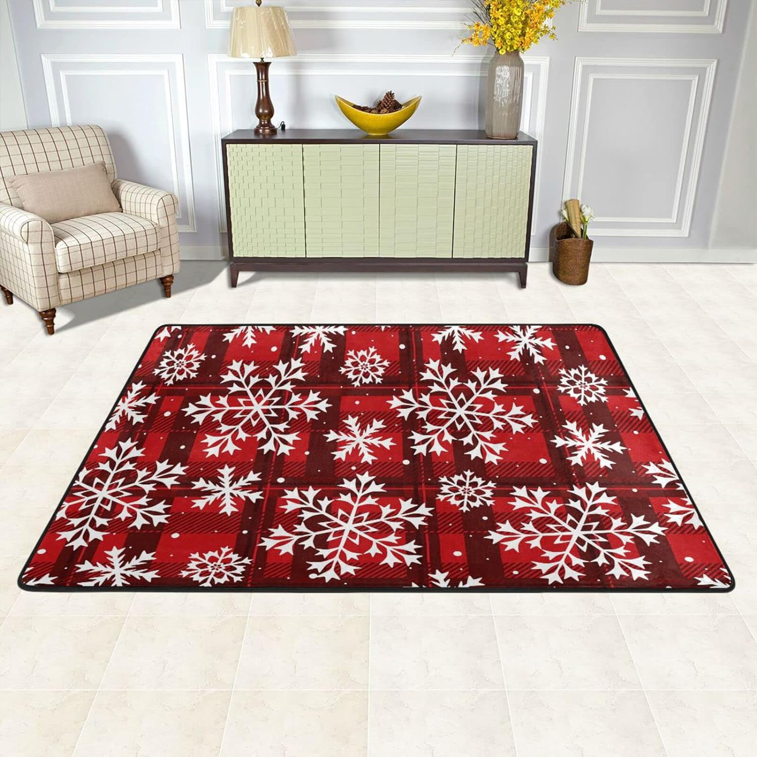 Dreamtimes Christmas Snowflakes Non-Slip Area Rug Red Buffalo Plaid ...