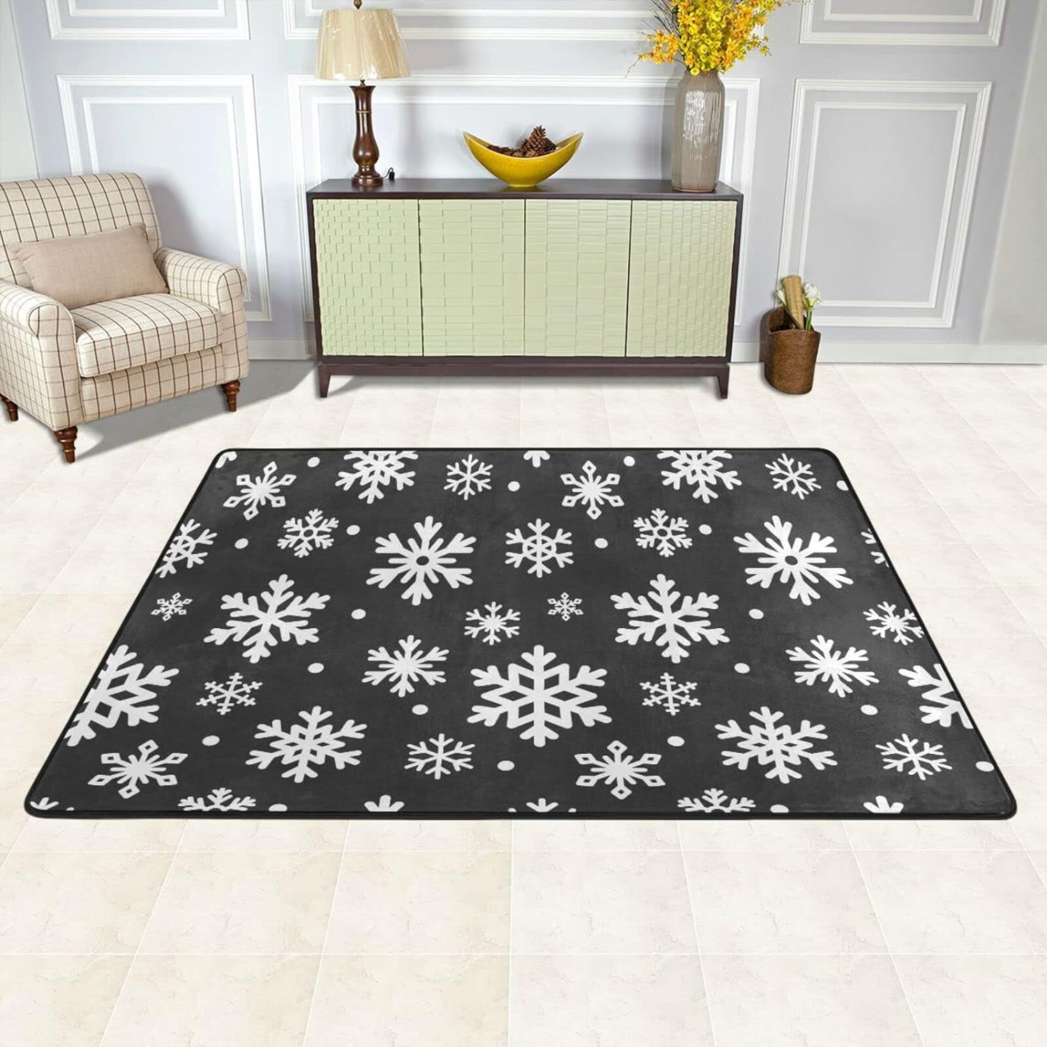 Dreamtimes Christmas Winter Snowflake Non-Slip Area Rug Black White ...