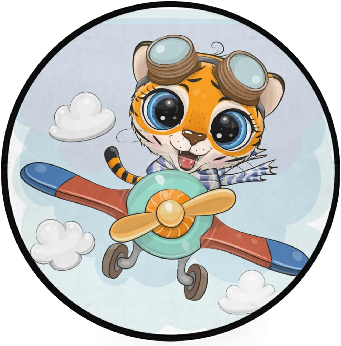 Dreamtimes Cute Cartoon Tiger Flying on Plane Round Area Rug 3Ft Small ...