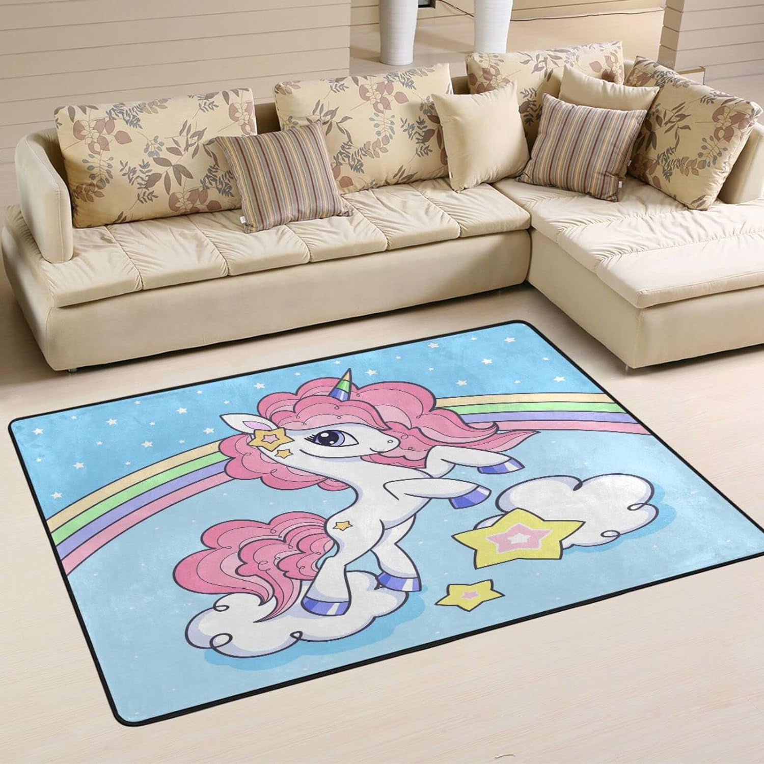 Dreamtimes Cute Magical Unicorn Pink Area Rug 72x48in Rainbow Stars Non ...
