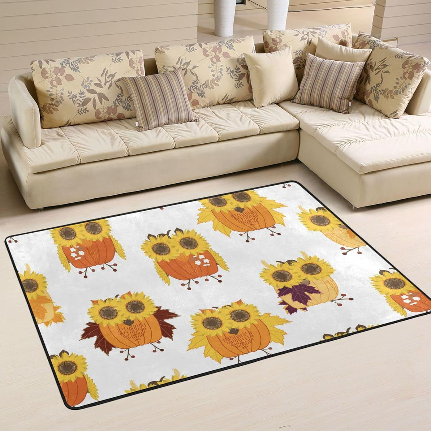 Dreamtimes Cute Sunflower Owls Area Rug 72x48in Autumn Pumpkins Leaves ...