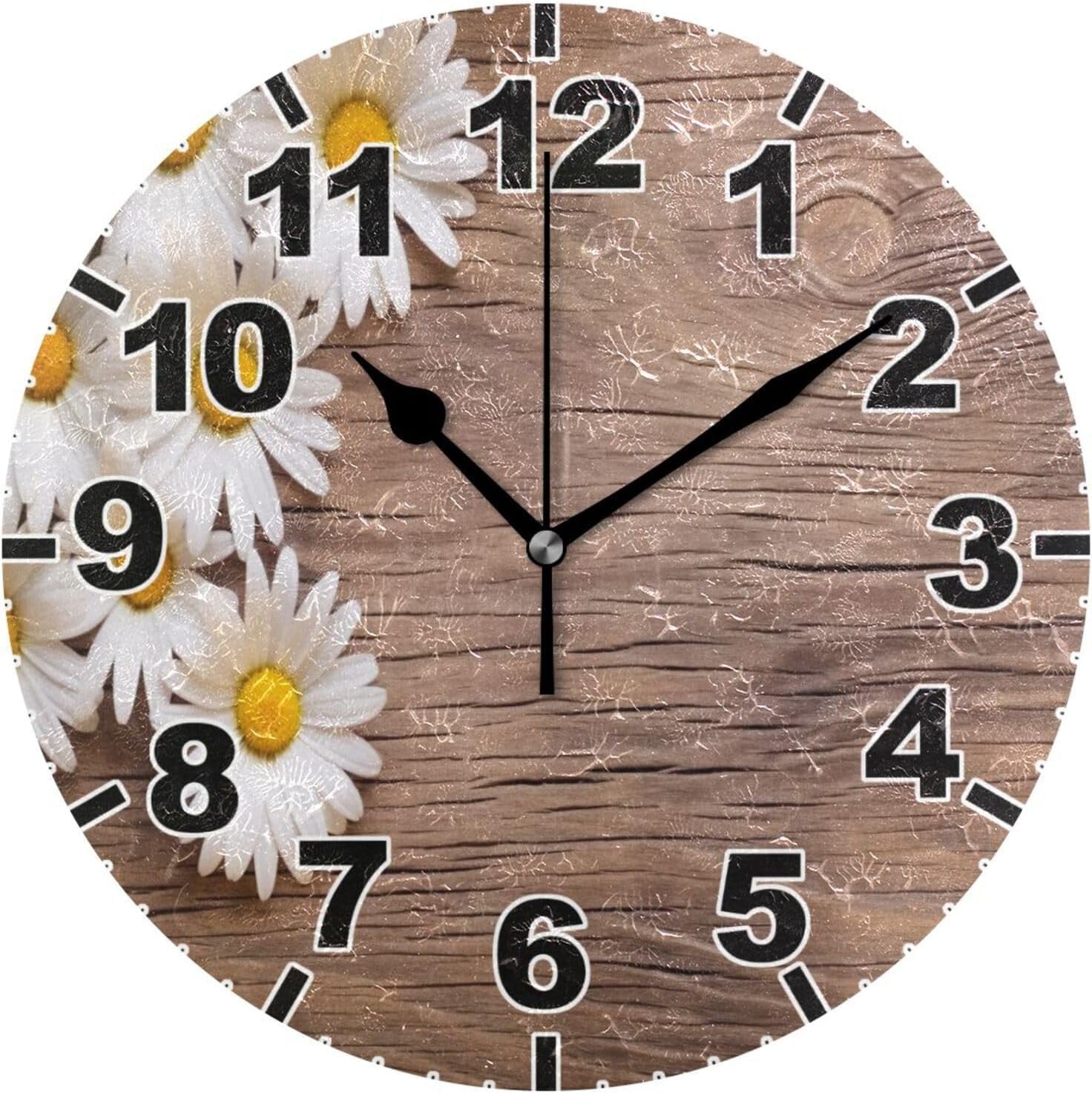 Dreamtimes Daisy on Wood Round Wall Clock, Battery Operated Silent Non ...