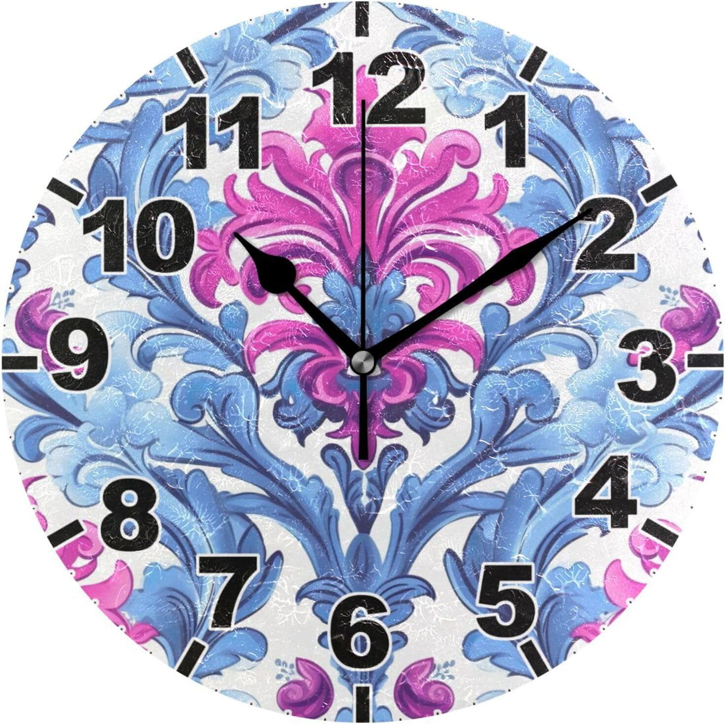 Dreamtimes Damask Pattern Round Wall Clock, Battery Operated Silent Non Ticking Desk Clock for ...
