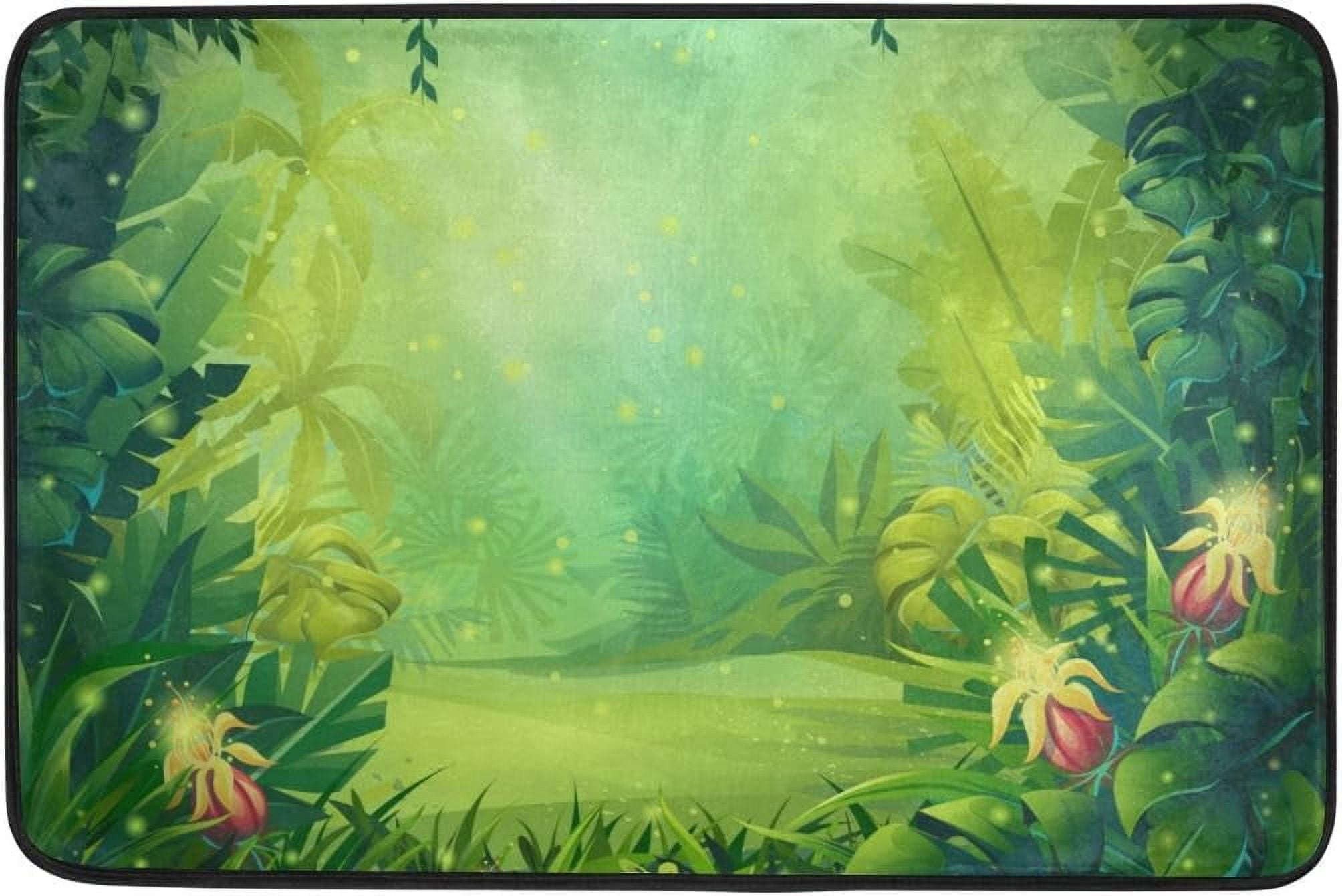 Dreamtimes Doormat Bright Jungle with Ferns and Flowers Lightweight Non ...