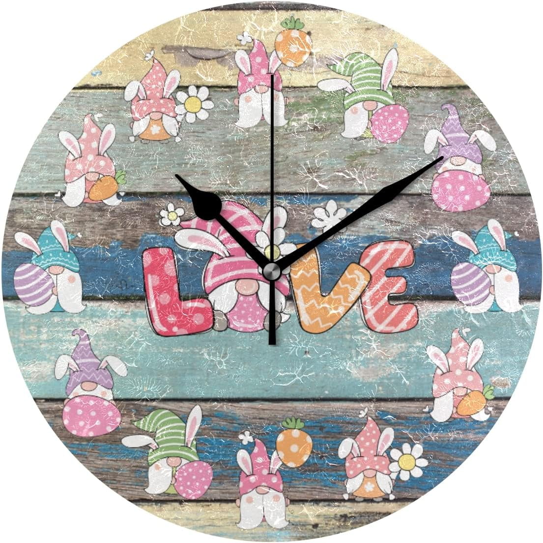 Dreamtimes Easter Gnomes Wall Clock 10 Inch Silent Non Ticking Round ...