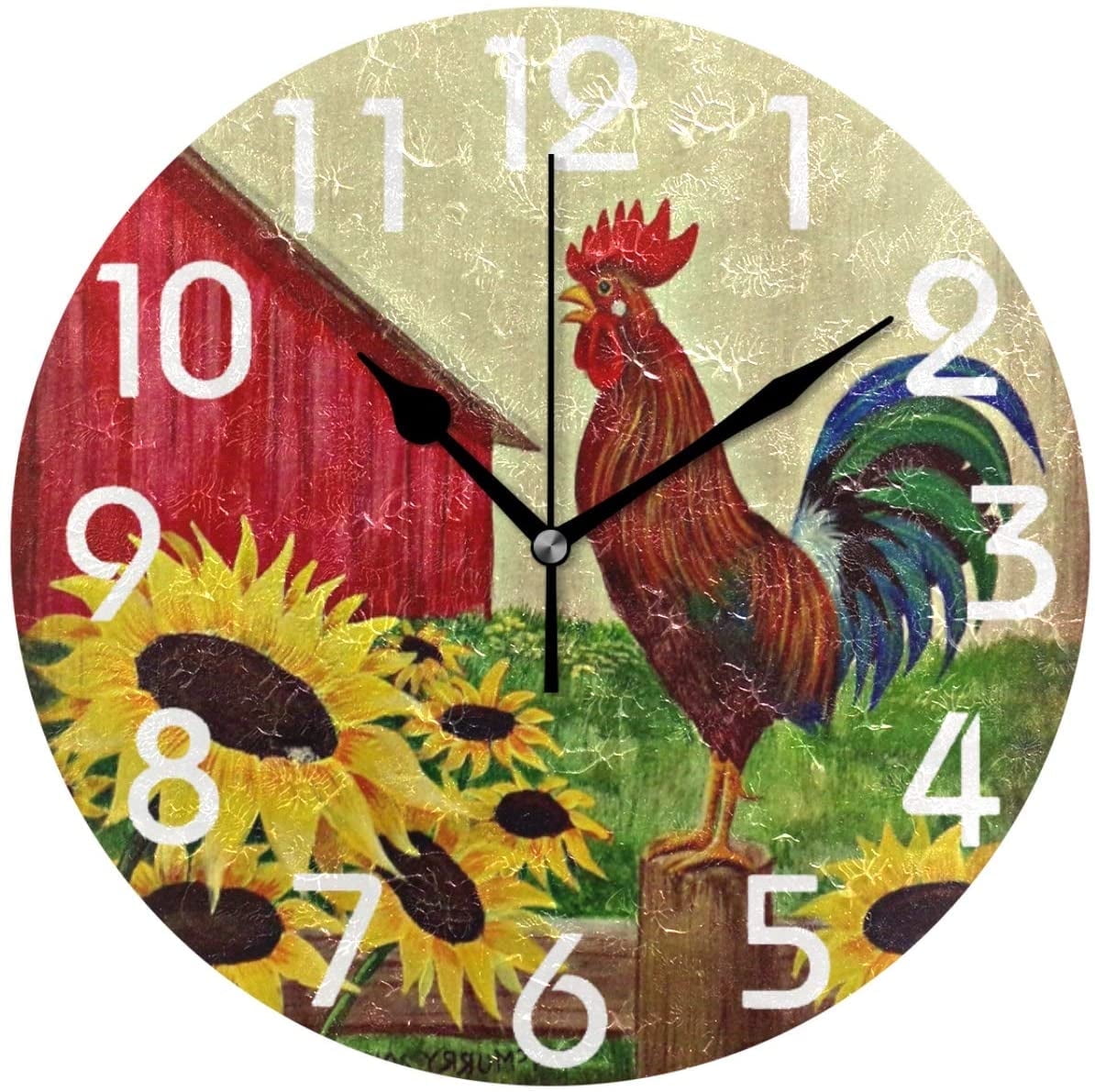 Dreamtimes Farm Crowing Rooster Sunflowers Round Wall Clock, 10 Inch ...