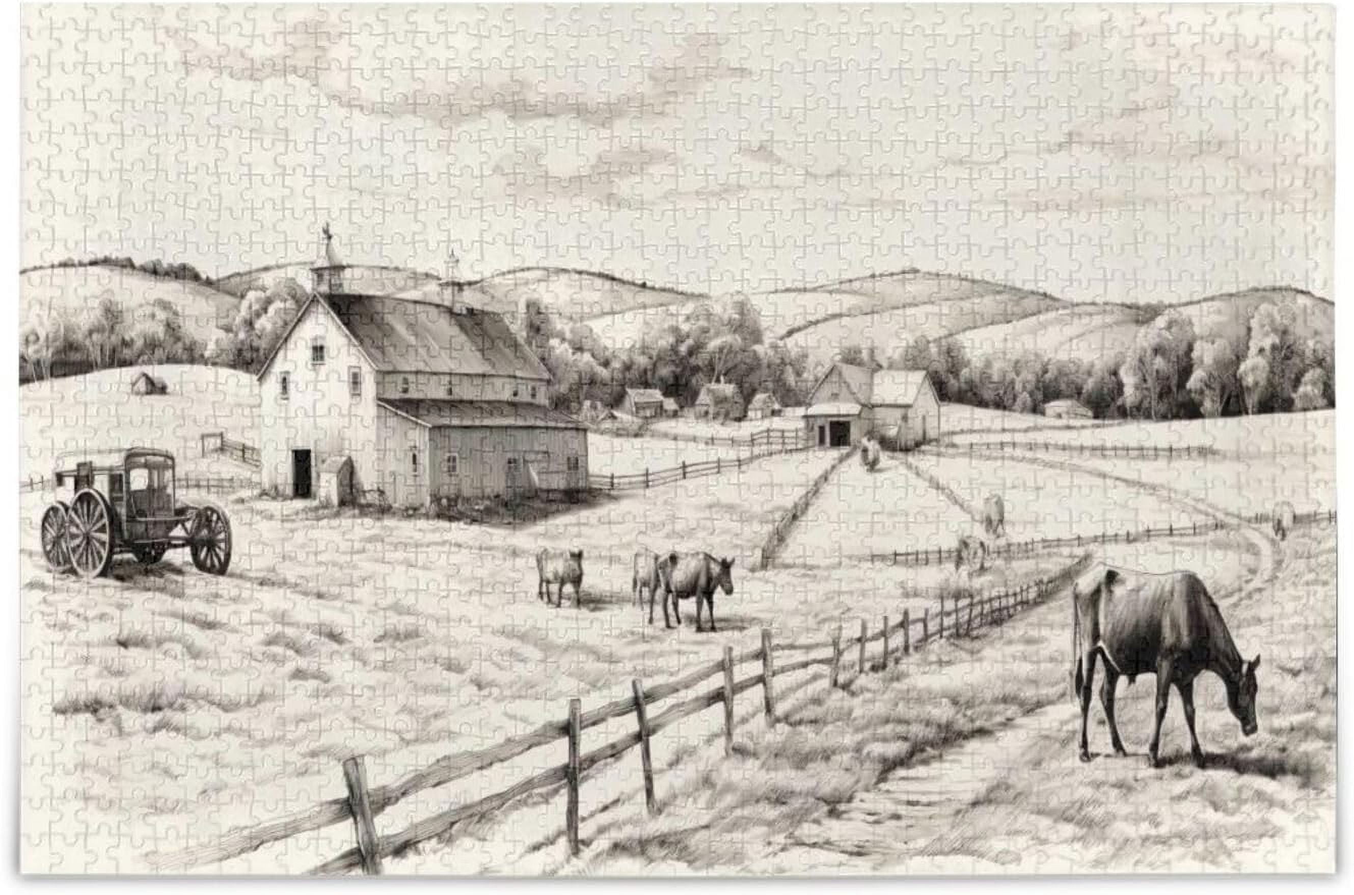 Dreamtimes Farmhouse Drawing Puzzle 1000 Pieces - Wooden Jigsaw Puzzles ...