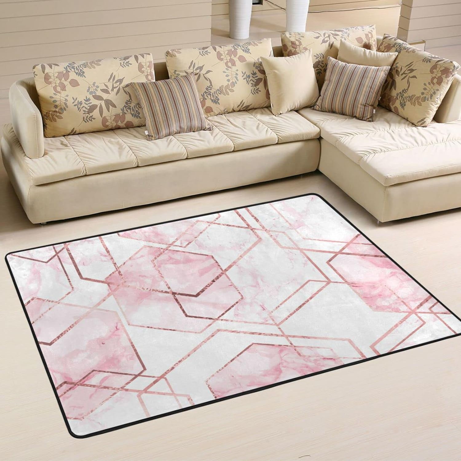 Dreamtimes Geometric Art Marble Area Rug 72x48in Rose Polygons Floor ...
