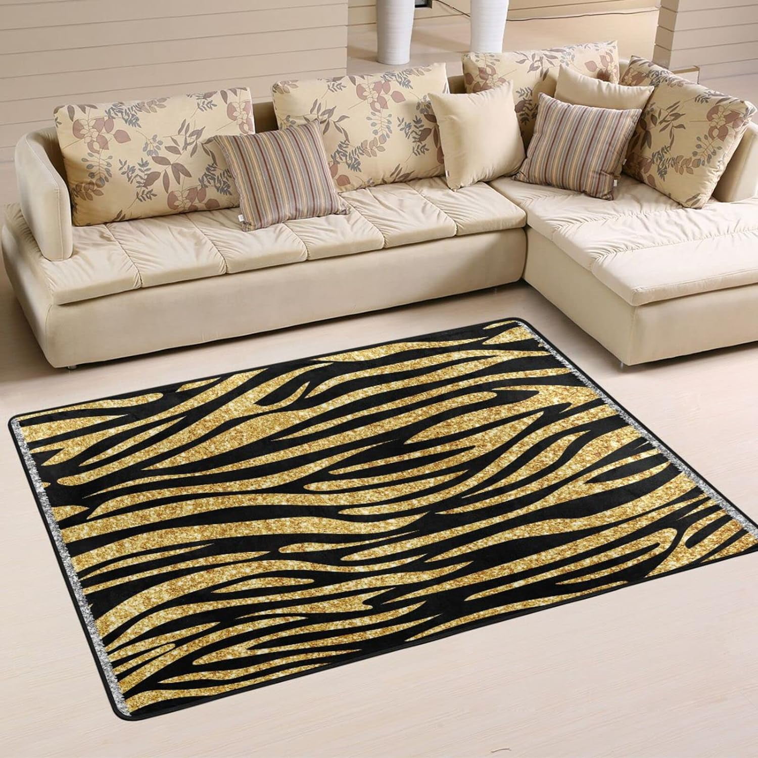 Dreamtimes Glitter Zebra Animals Skin Non-Slip Area Rug Golden Shiny ...