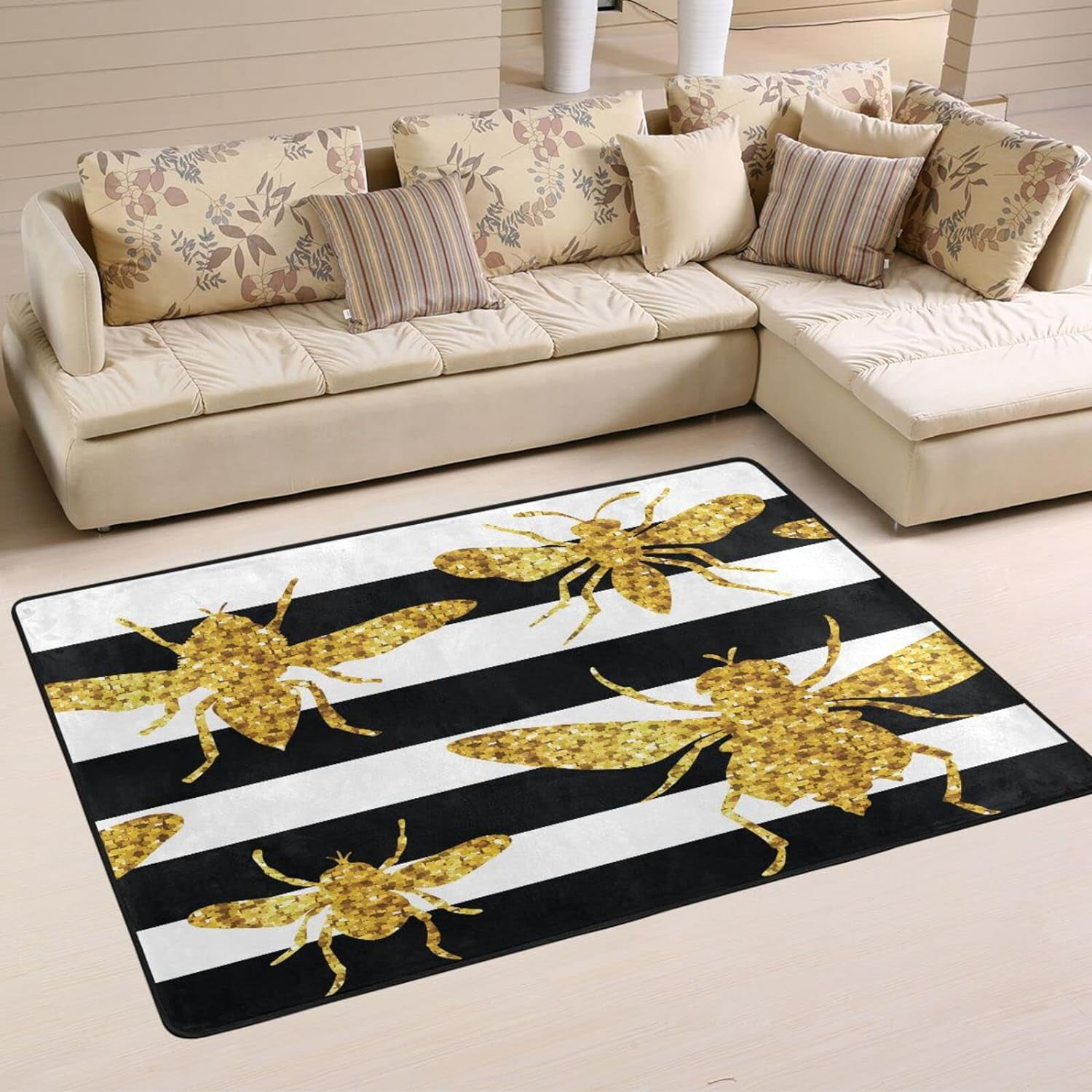 Dreamtimes Gold Glitter Bee Insects Non-Slip Area Rug Black White ...