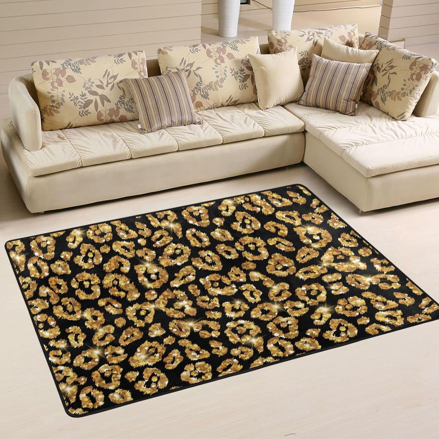 Dreamtimes Gold Leopard Print Area Rug 72x48in Glitter Fur Pattern ...
