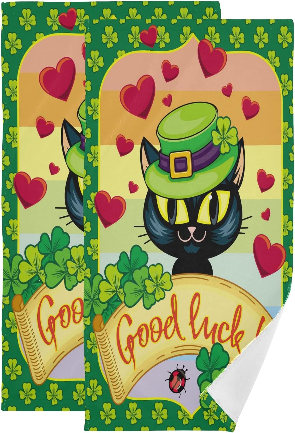 Dreamtimes Good Luck Cat Clovers Hand Towels 2 PCS, Ultra Soft and Highly Absorbent, Happy St ...