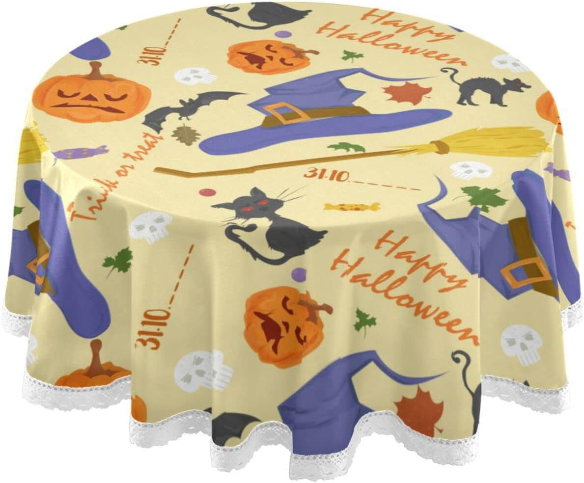 Dreamtimes Halloween Pumpkins & Witch Hat Round Tablecloth 60", Table ...