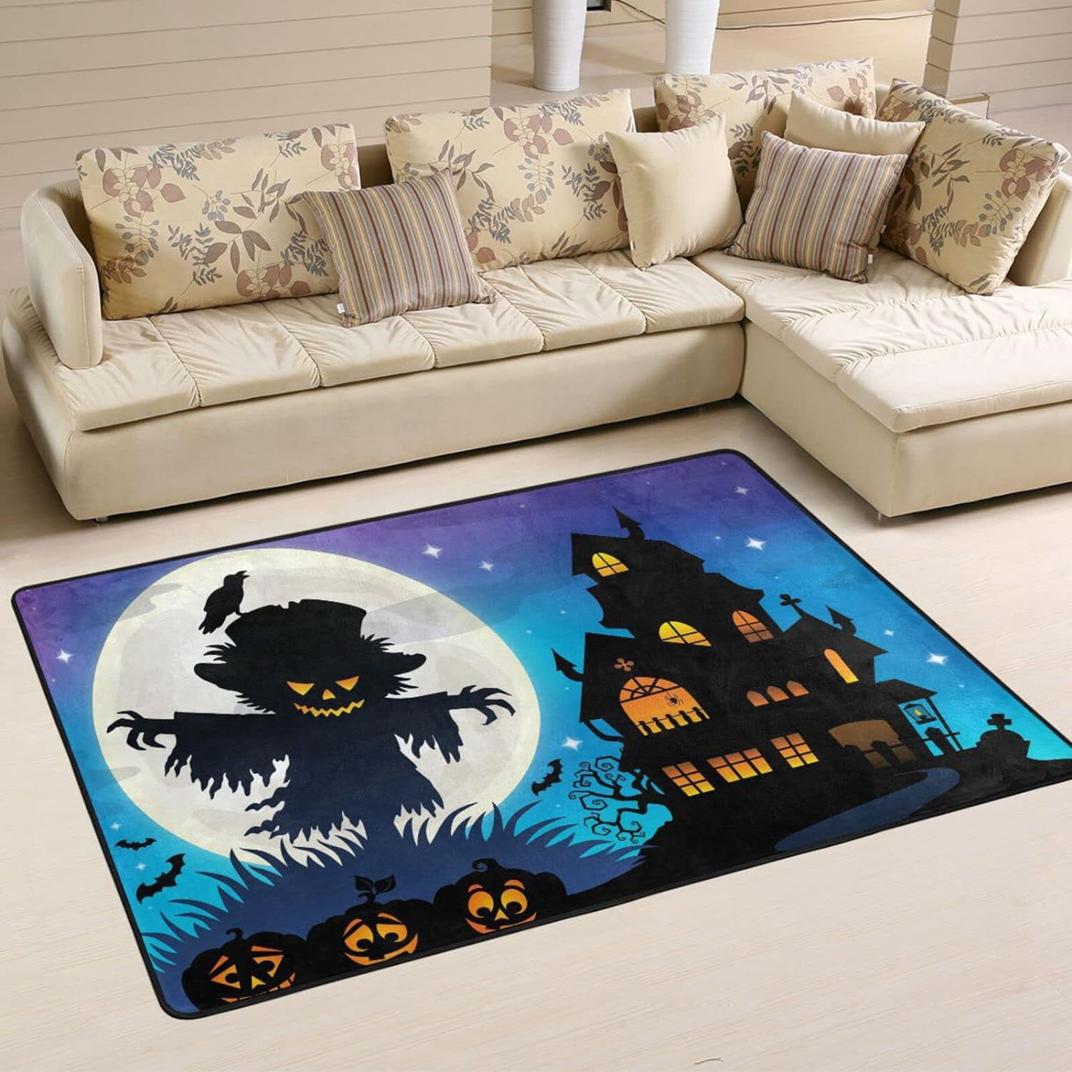 Dreamtimes Halloween Scarecrow Pumpkin Area Rug 72x48in Spooky Moon ...