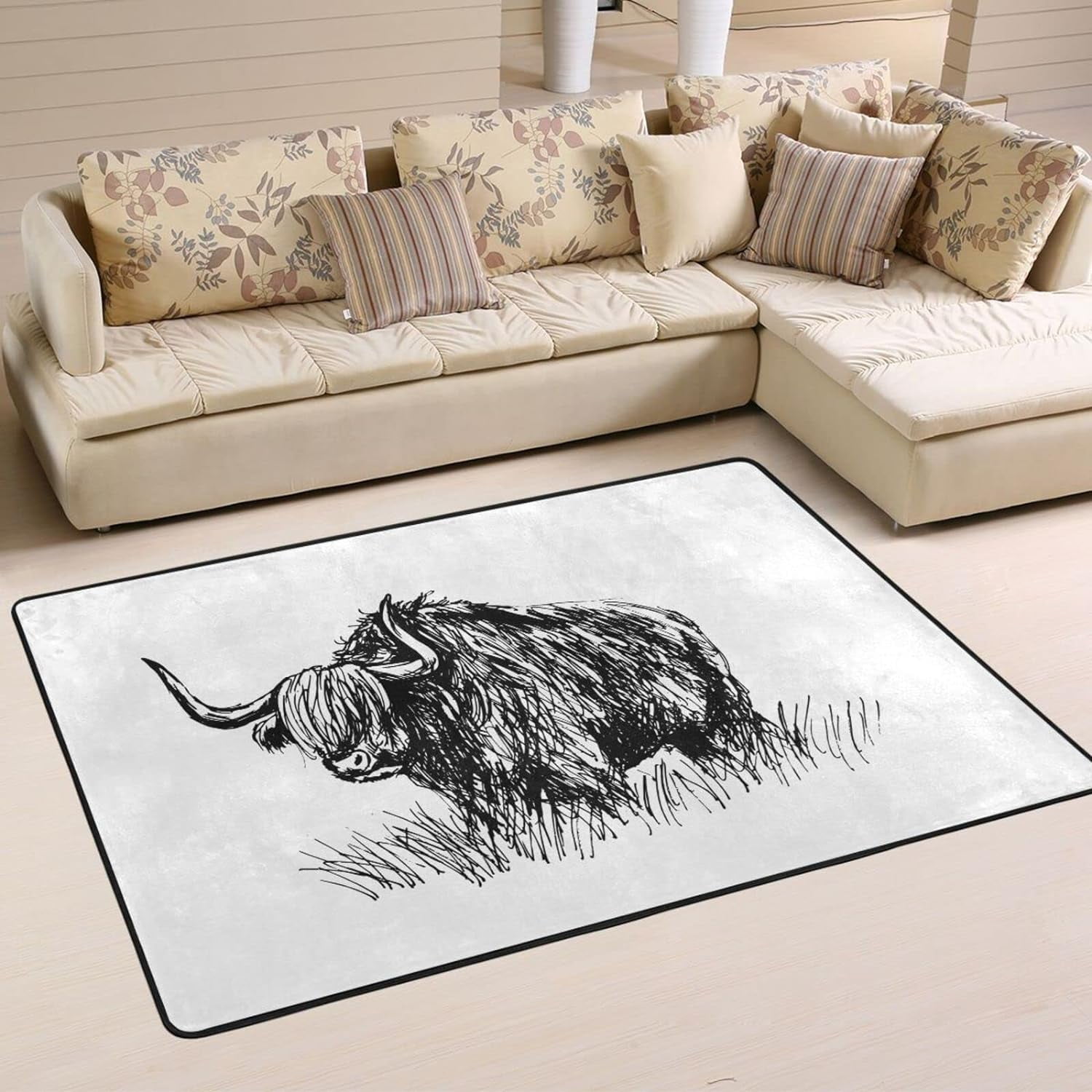 Dreamtimes Hand Drawn Bull Cow Non-Slip Area Rug Cattle Animal Floor ...