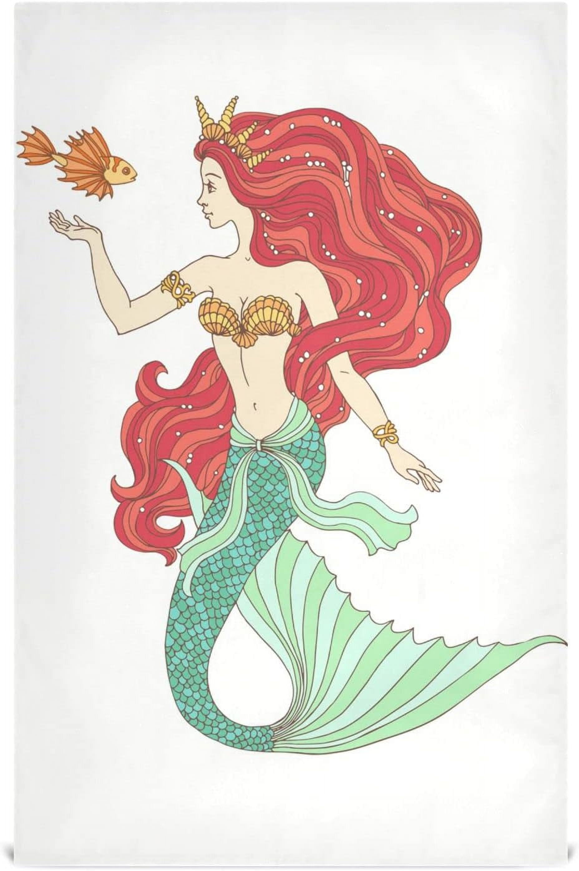 Dreamtimes Hand Drawn Mermaid Fish Kitchen Towels Set of 1 Dishcloths ...