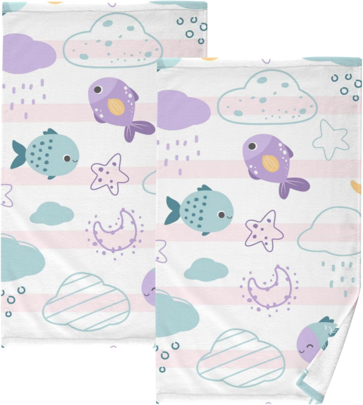 Dreamtimes Hand Towels Cute Ocean Fish Patterned 2 PCS, Cotton Bath ...