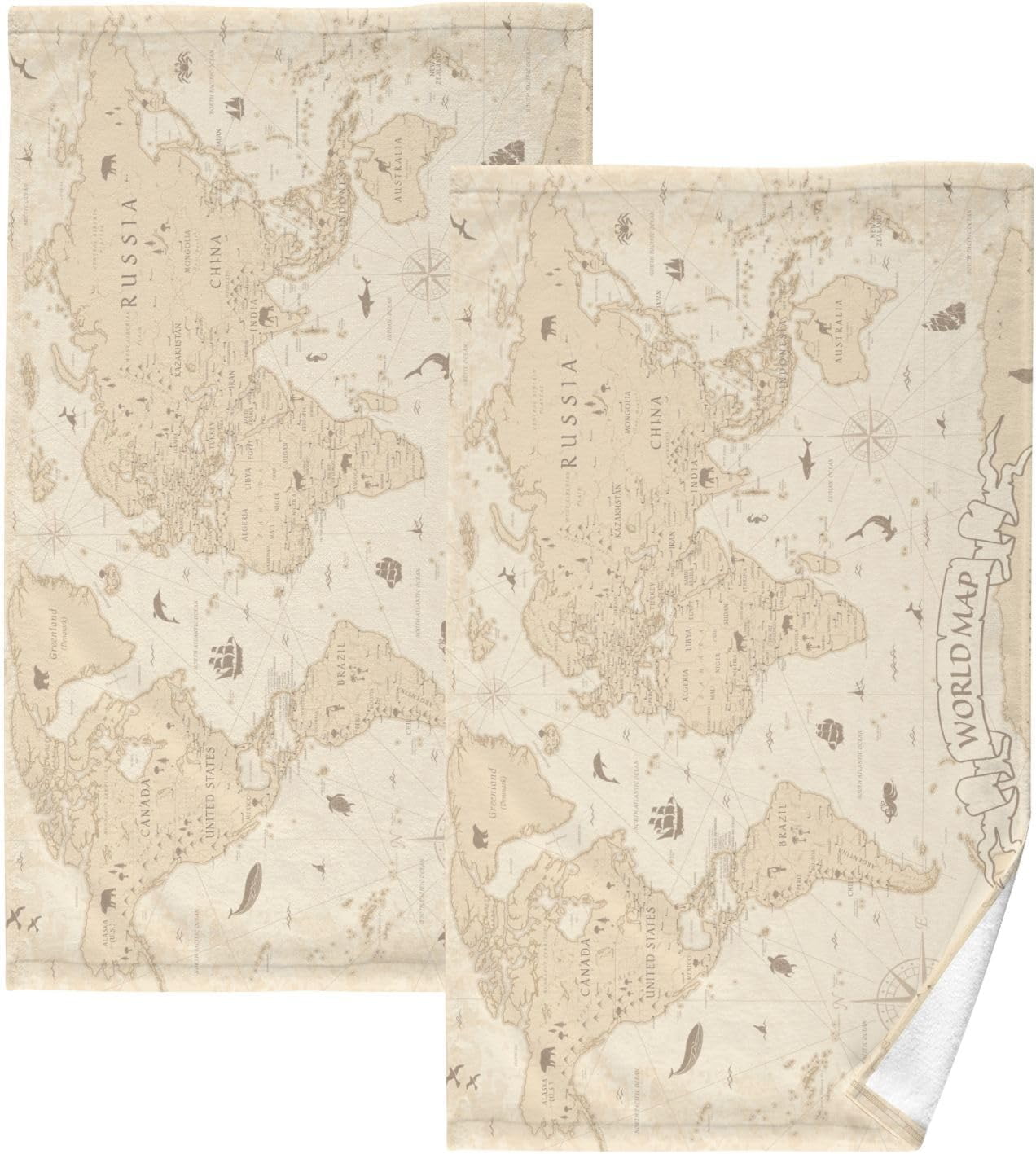 Dreamtimes Hand Towels Vintage World Map Patterned 2 PCS, Cotton Bath ...