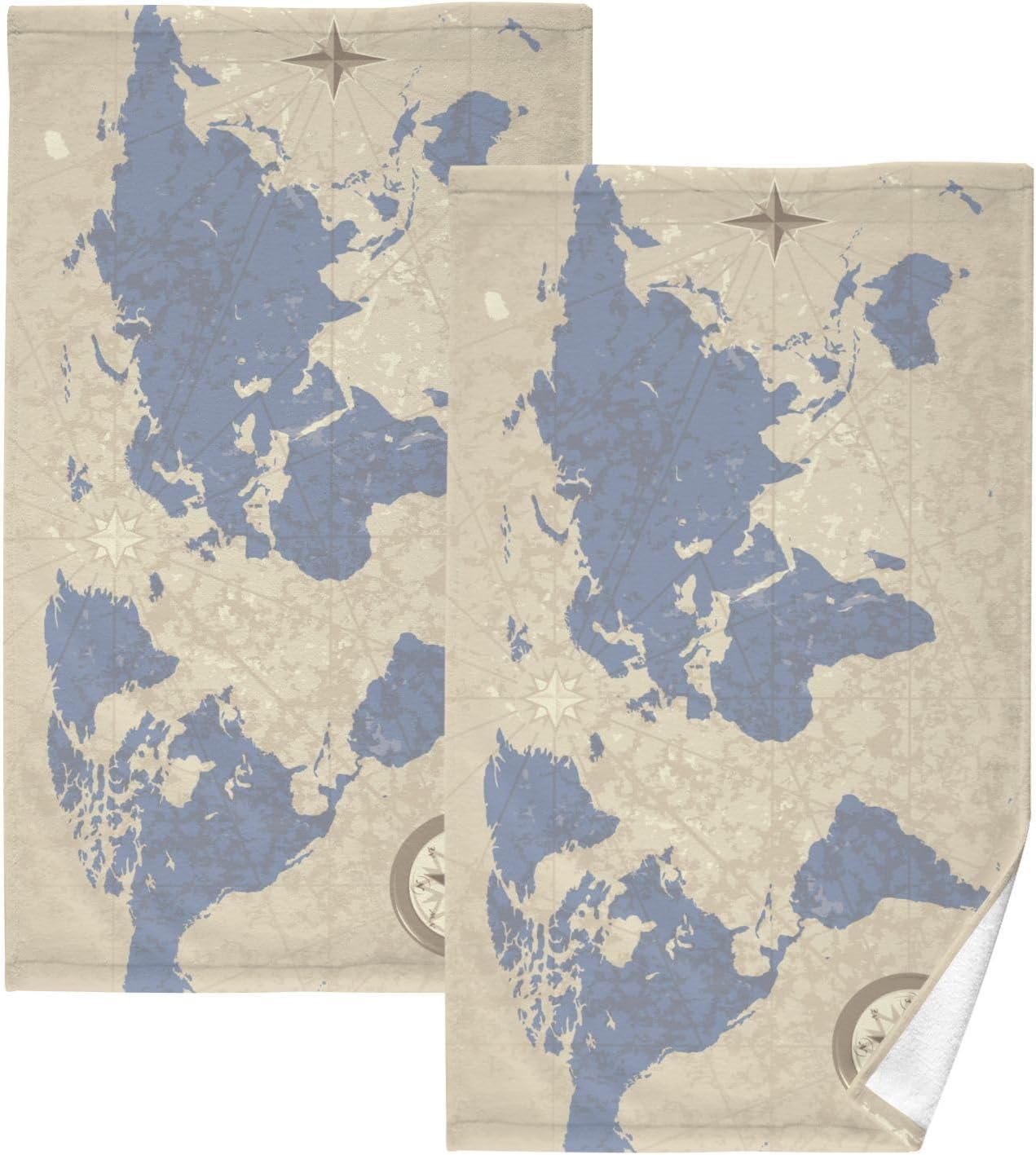 Dreamtimes Hand Towels Vintage World Map Patterned 2 PCS, Cotton Bath ...