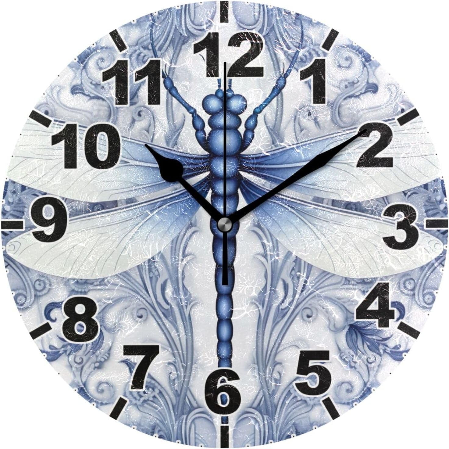 Dreamtimes Indigo Dragonfly Round Wall Clock, Battery Operated Silent ...