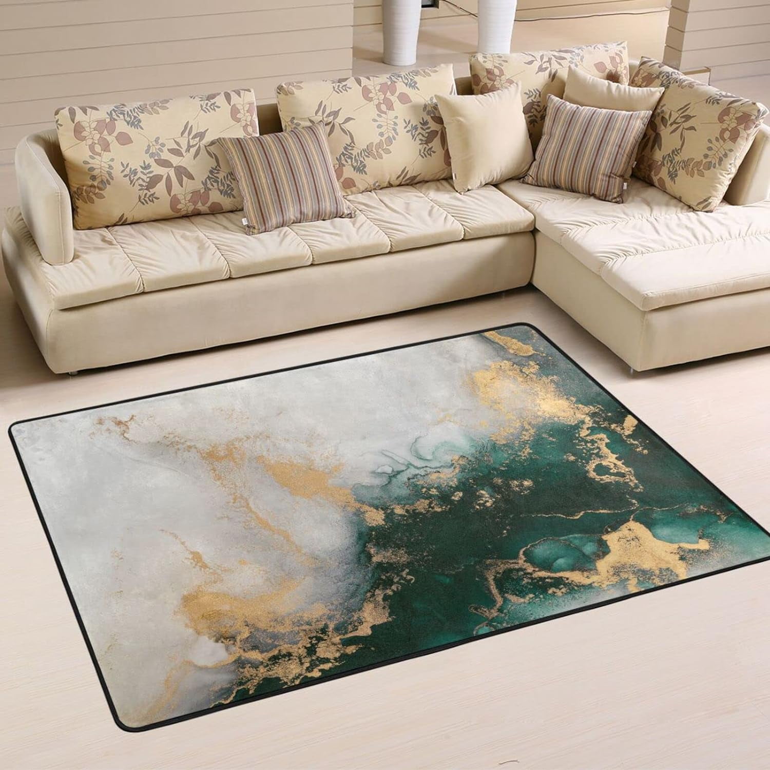 Dreamtimes Ink Abstract Art Marble Non-Slip Area Rug Golden Glittery ...