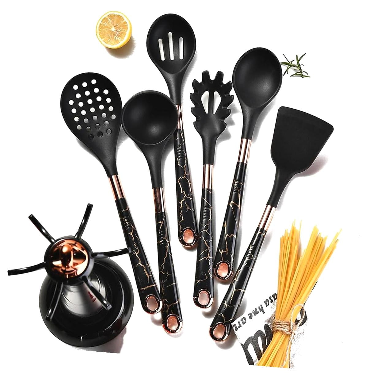 Dreamtimes Kitchen Utensils Set with Stand, 7pcs Black Silicone Cooking ...