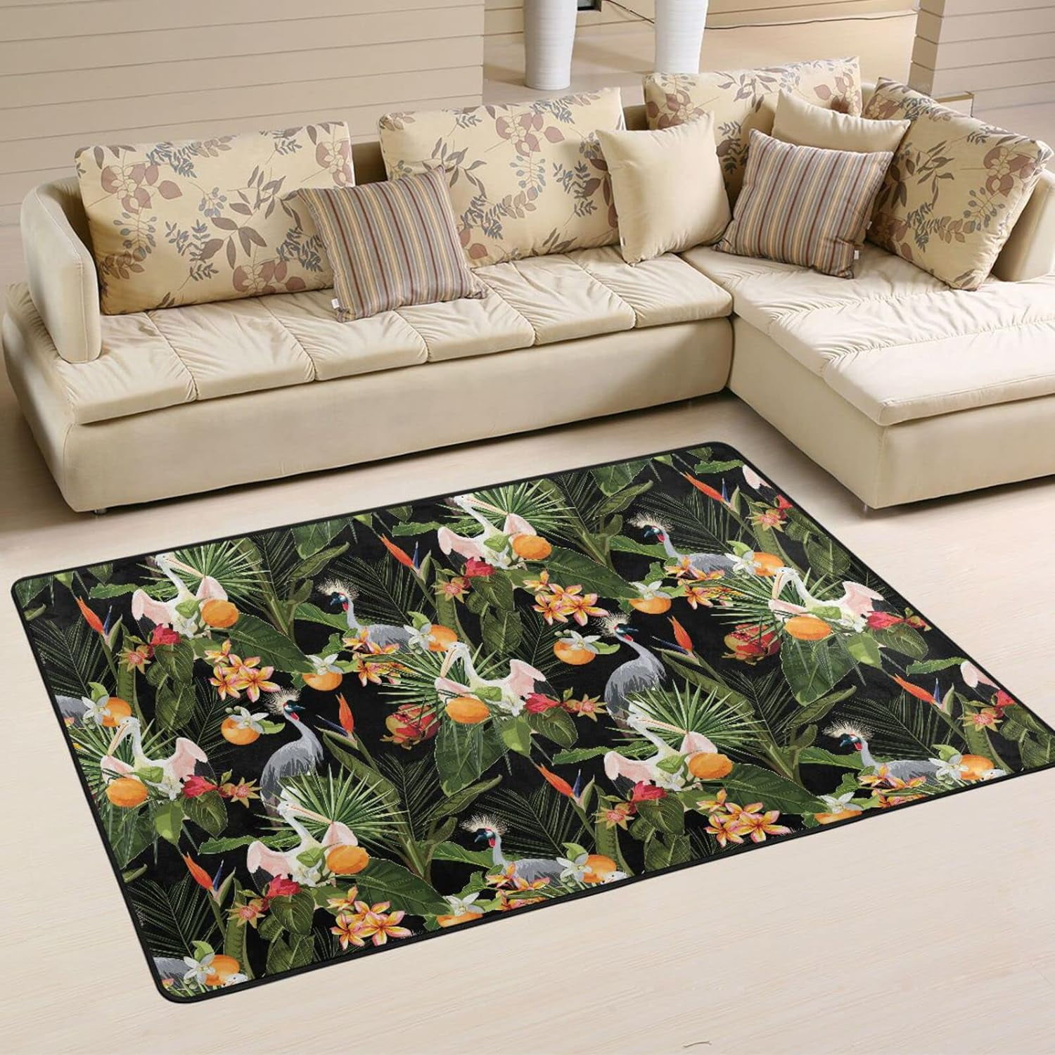 Dreamtimes Leaves Flowers Animals Area Rug 72x48in Black Tropical Non ...