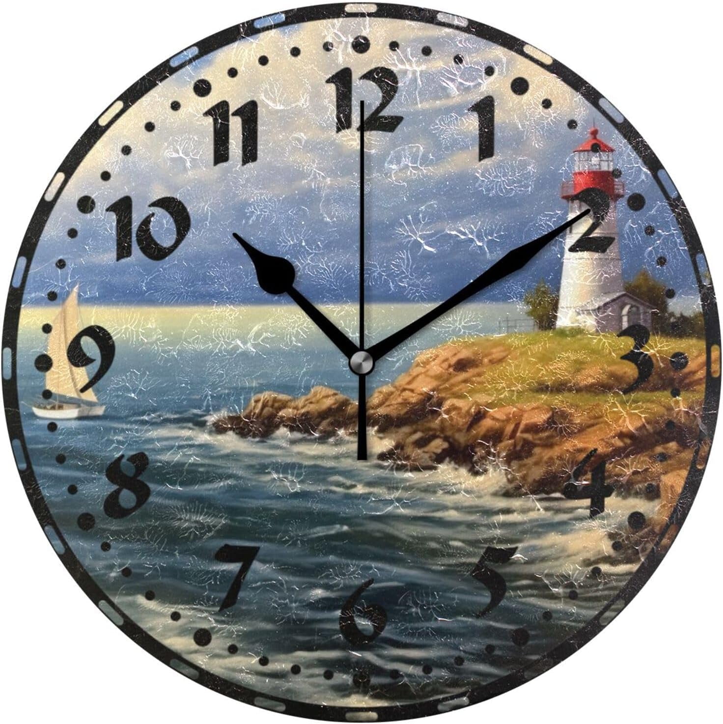 Dreamtimes Lighthouse & Sailing Boat Wall Clock, Silent Non Ticking 10 ...