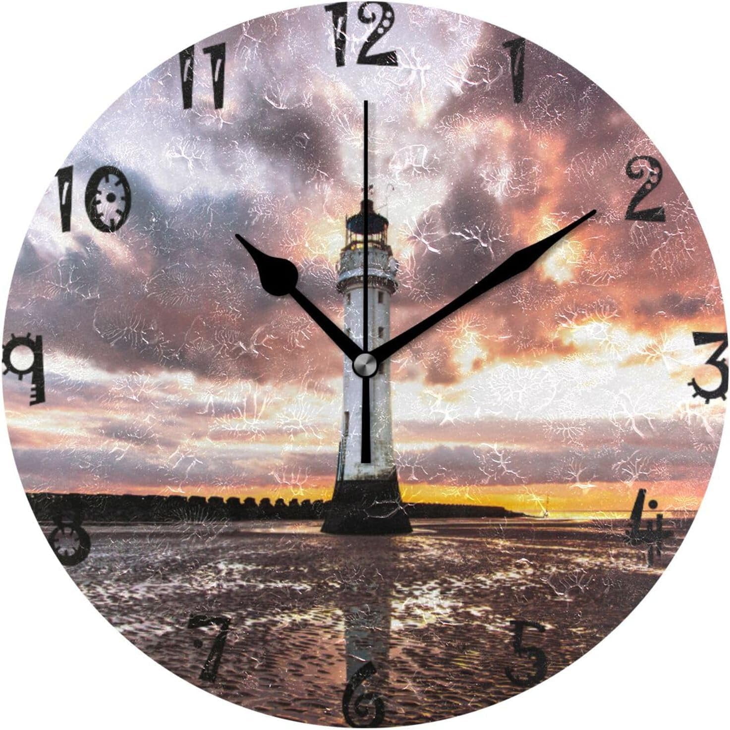 Dreamtimes Lighthouse Wall Clock,Silent Non Ticking 10 Inch Battery Operated Round Wall Clocks ...