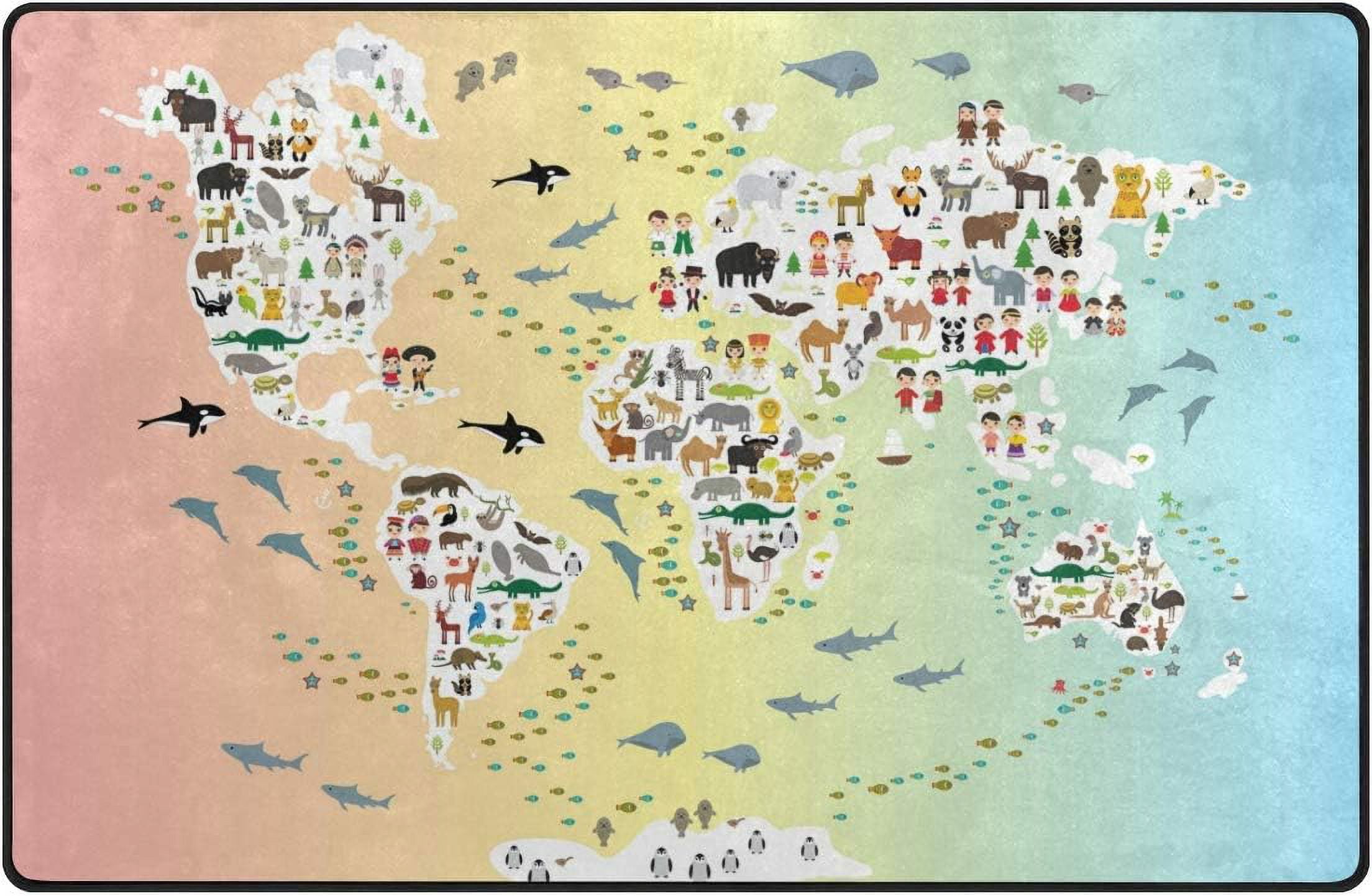 Dreamtimes Lightweight Soft Area Rugs 31x20 Inch, Animal World Map ...