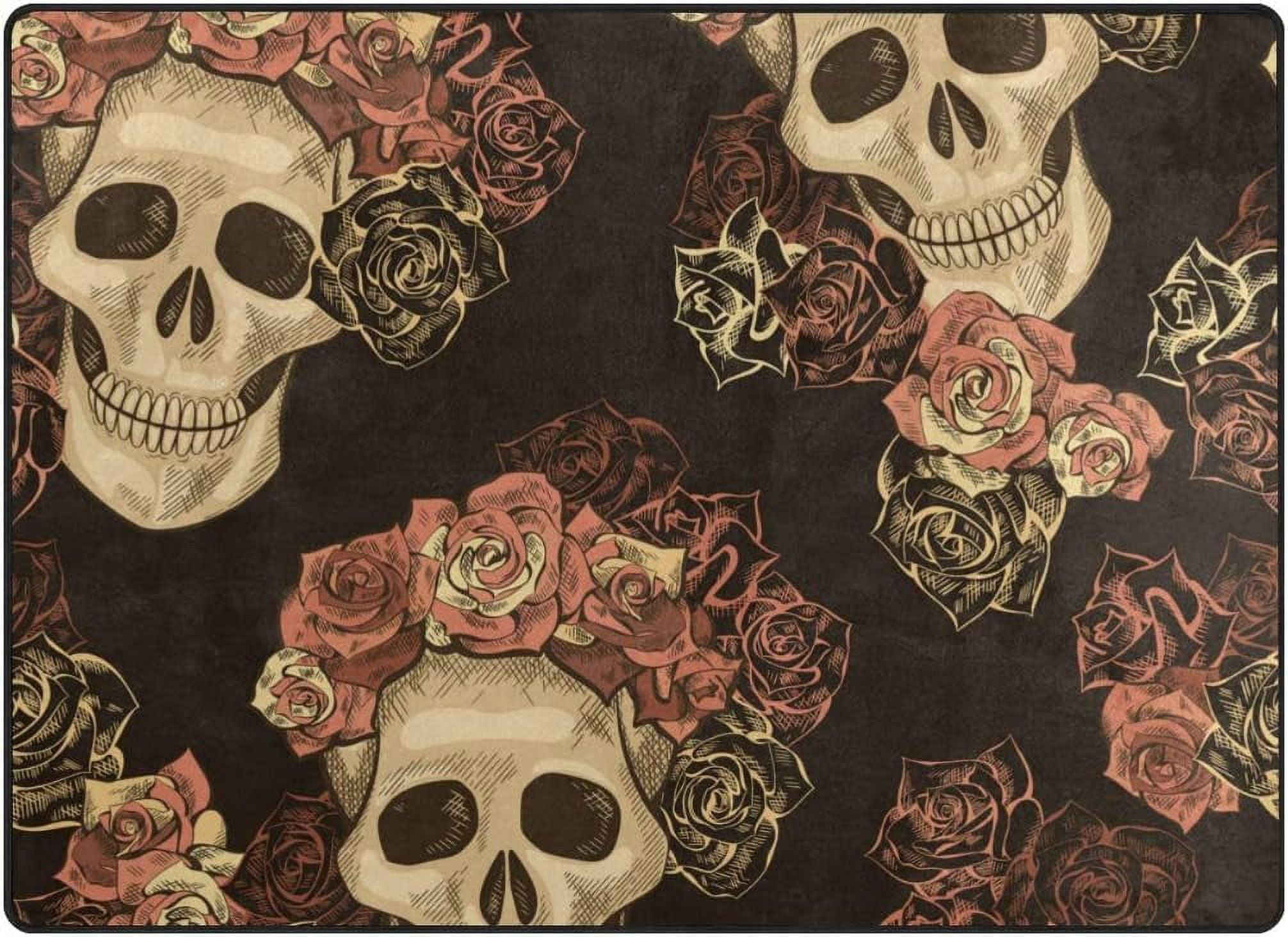 Dreamtimes Lightweight Soft Area Rugs, 80 x 58 inch（6'8" x 4'10"） Vintage Skulls Wear Flowers ...
