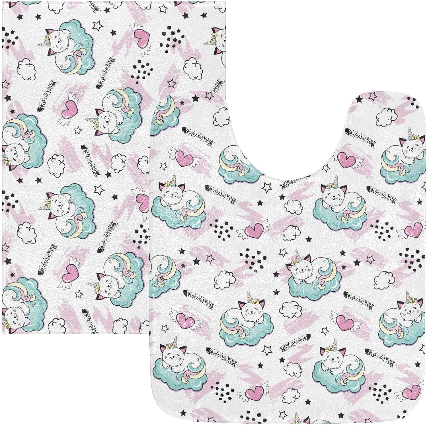 Dreamtimes Luxury Bathroom Rug Set 2 PCS, Cat Unicorn Splash Heart and ...