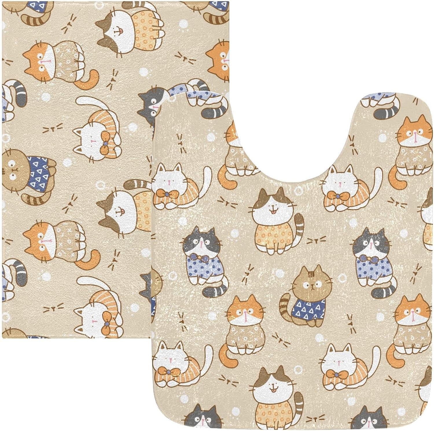 Dreamtimes Luxury Bathroom Rug Set 2 PCS, Cute Cartoon Cat on Light ...