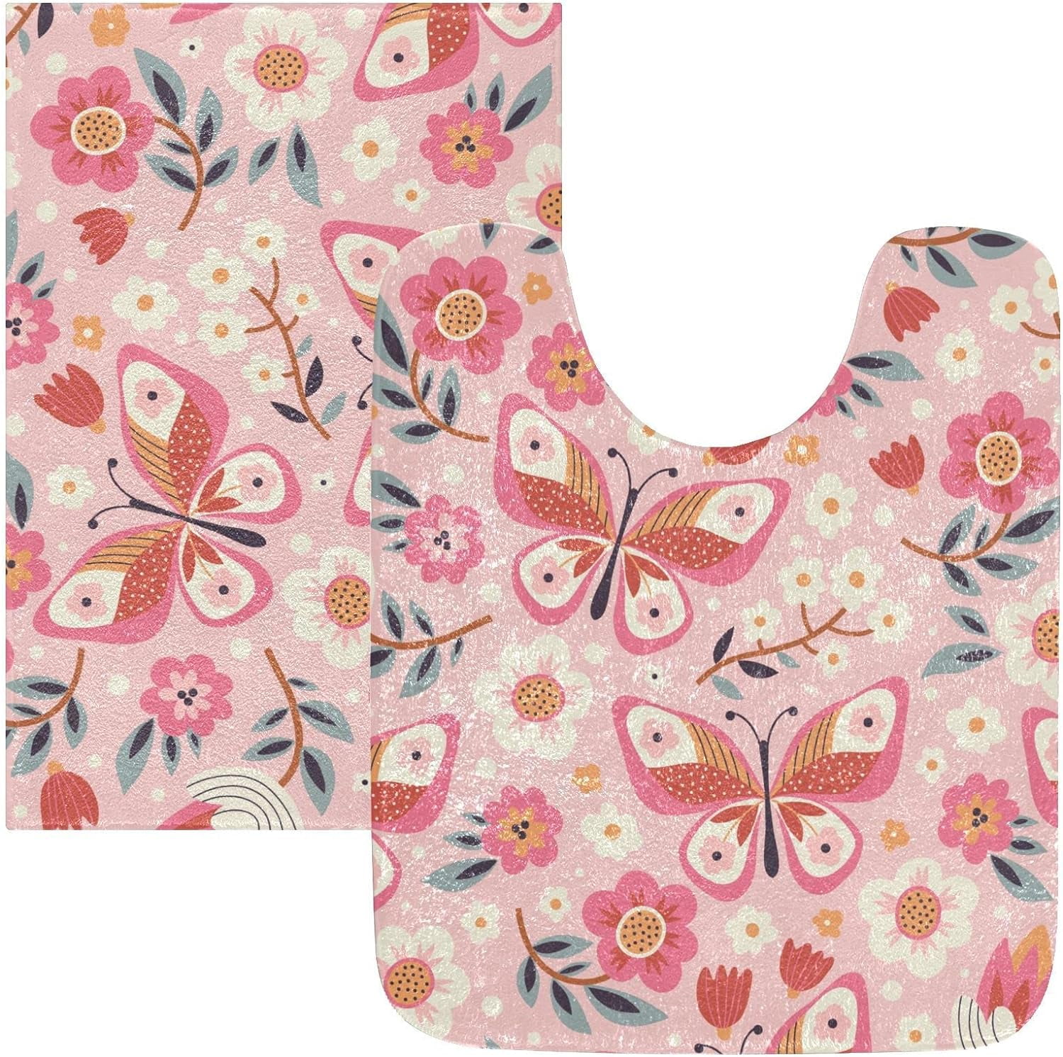 Dreamtimes Luxury Bathroom Rug Set 2 PCS, Flowers Pink Butterflies Soft ...