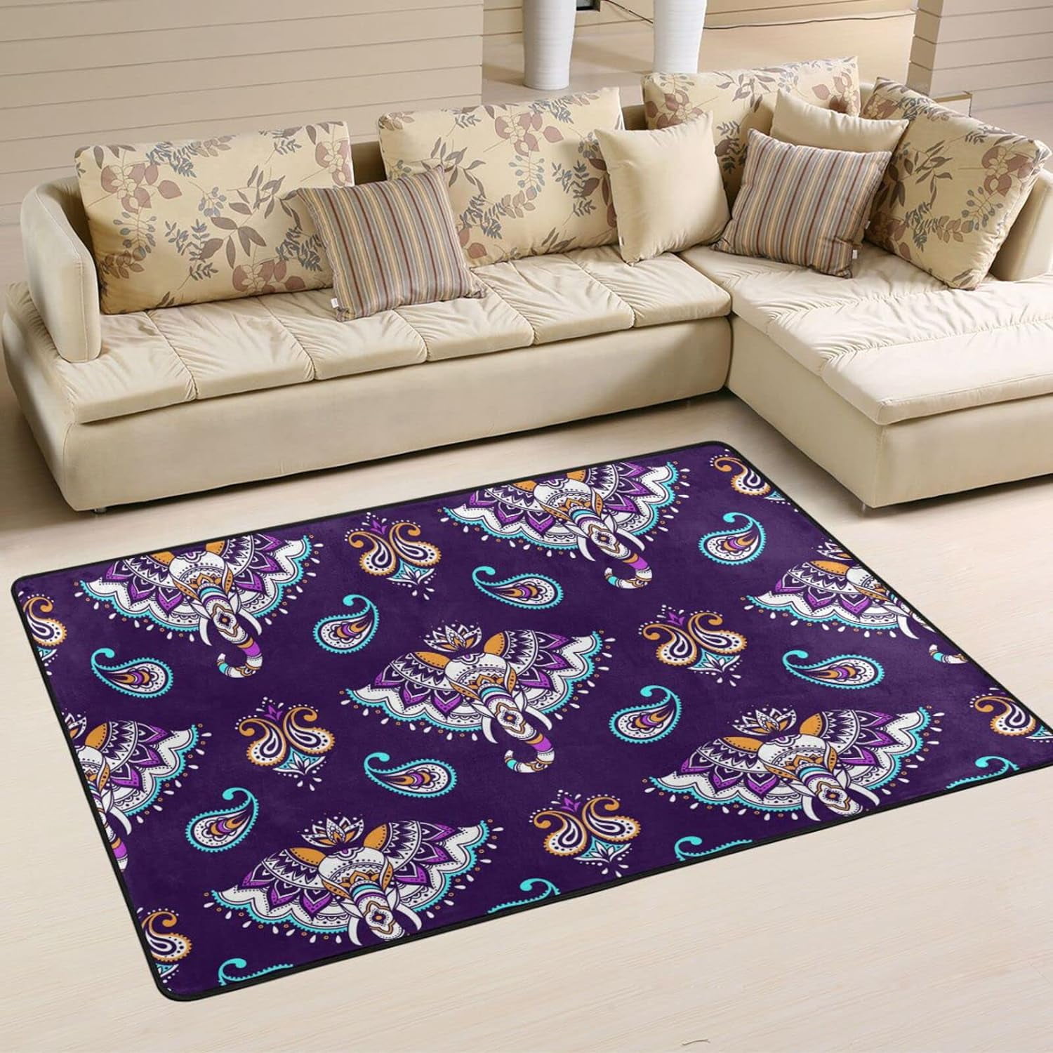 Dreamtimes Mandala Elephant Area Rug 72x48in Paisley Lotus Floor Carpet ...