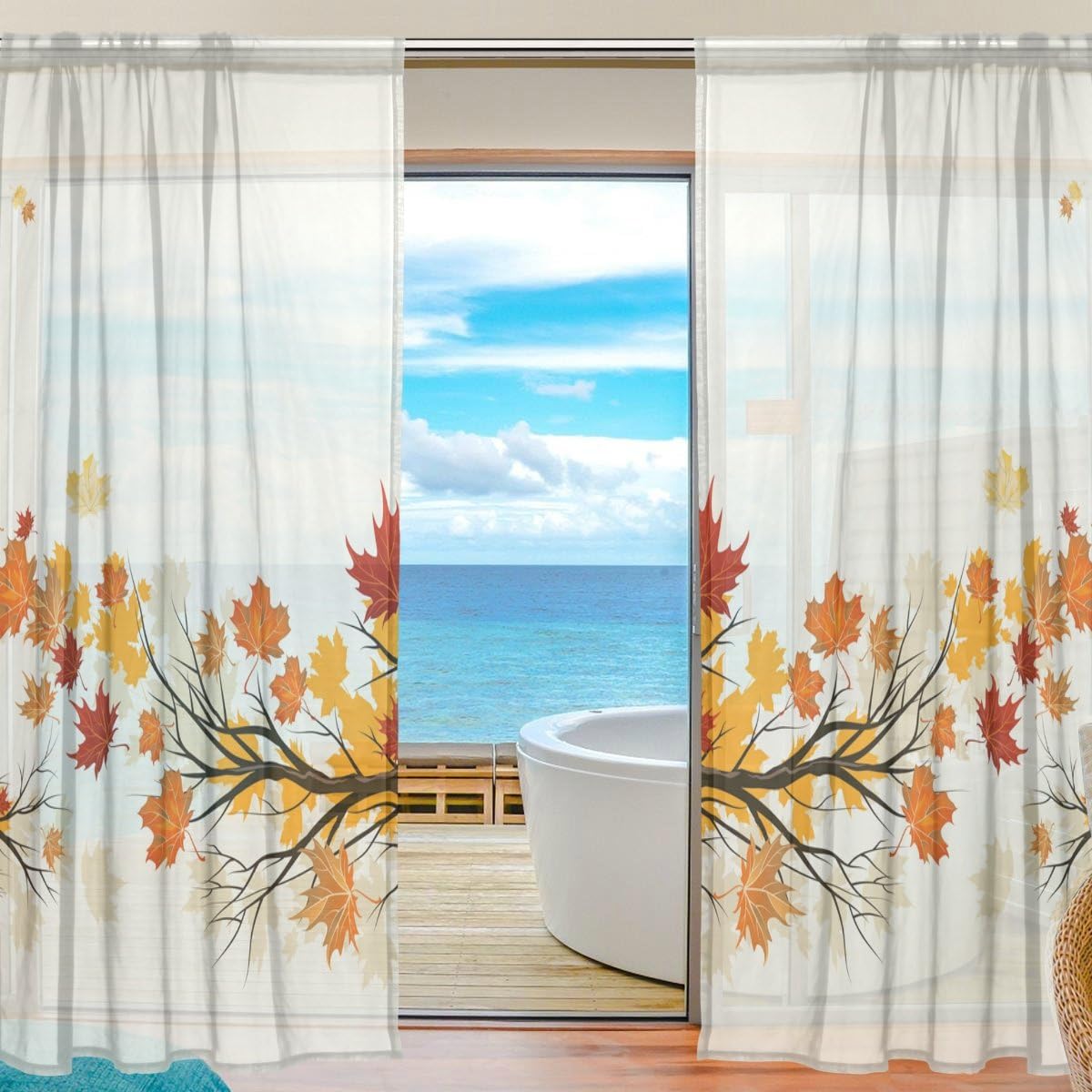 Dreamtimes Maple Leaves Branch Sheer Gauze Door Curtain Window Curtain ...