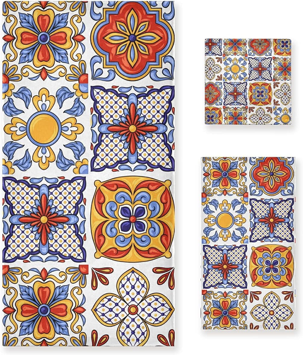 Dreamtimes Mexican Talavera Ceramic Tile Towel Set Absorbent Soft 3 ...